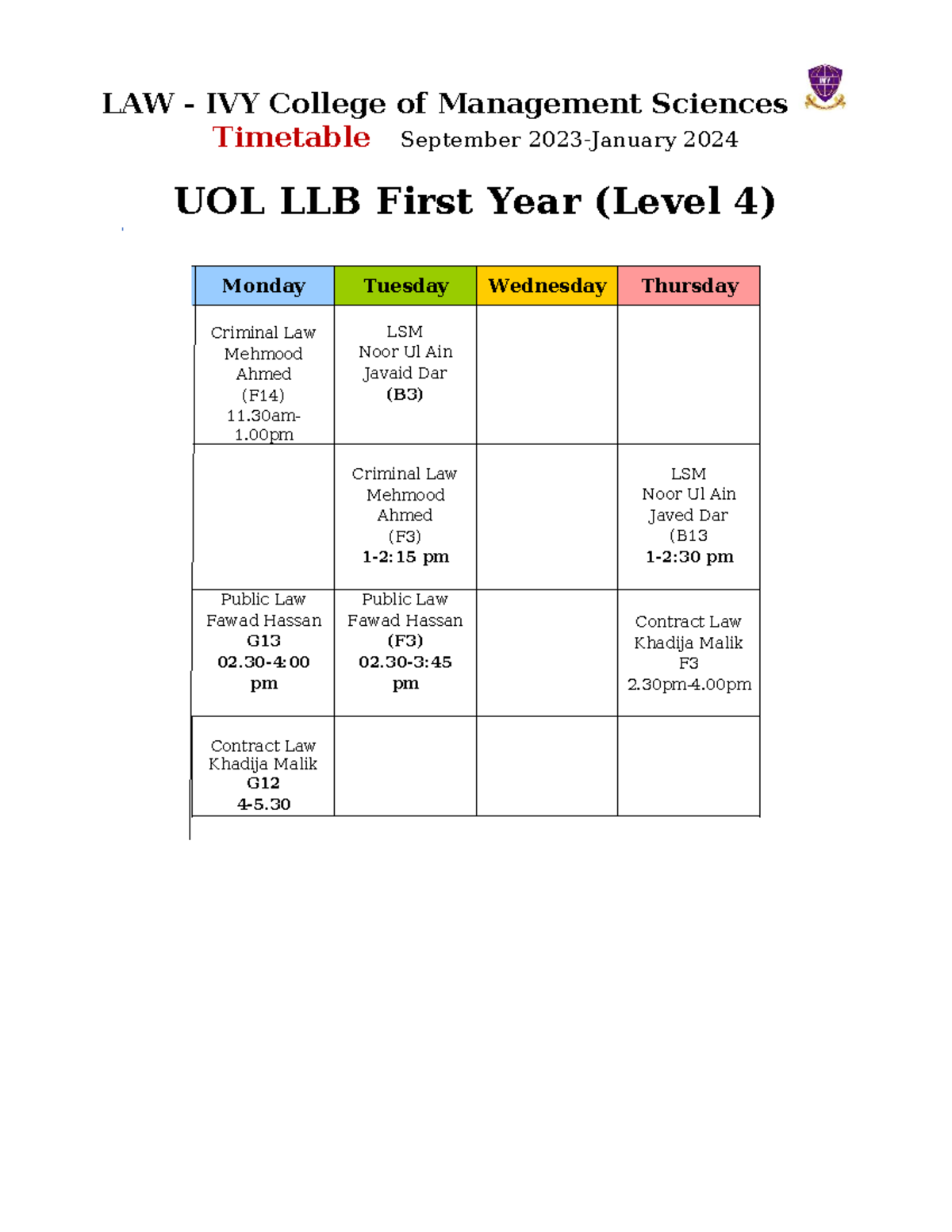 L4 UOL (1) - LAW - IVY College of Management Sciences Timetable ...