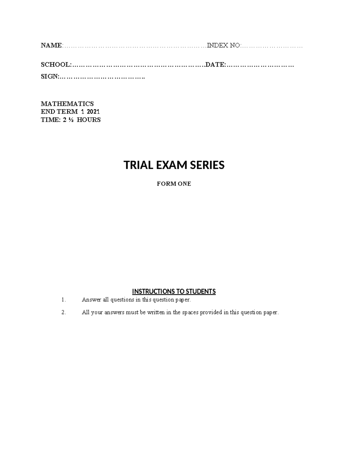 Math Form 1 End Term 1 Exam 2021 Teacher - - Studocu