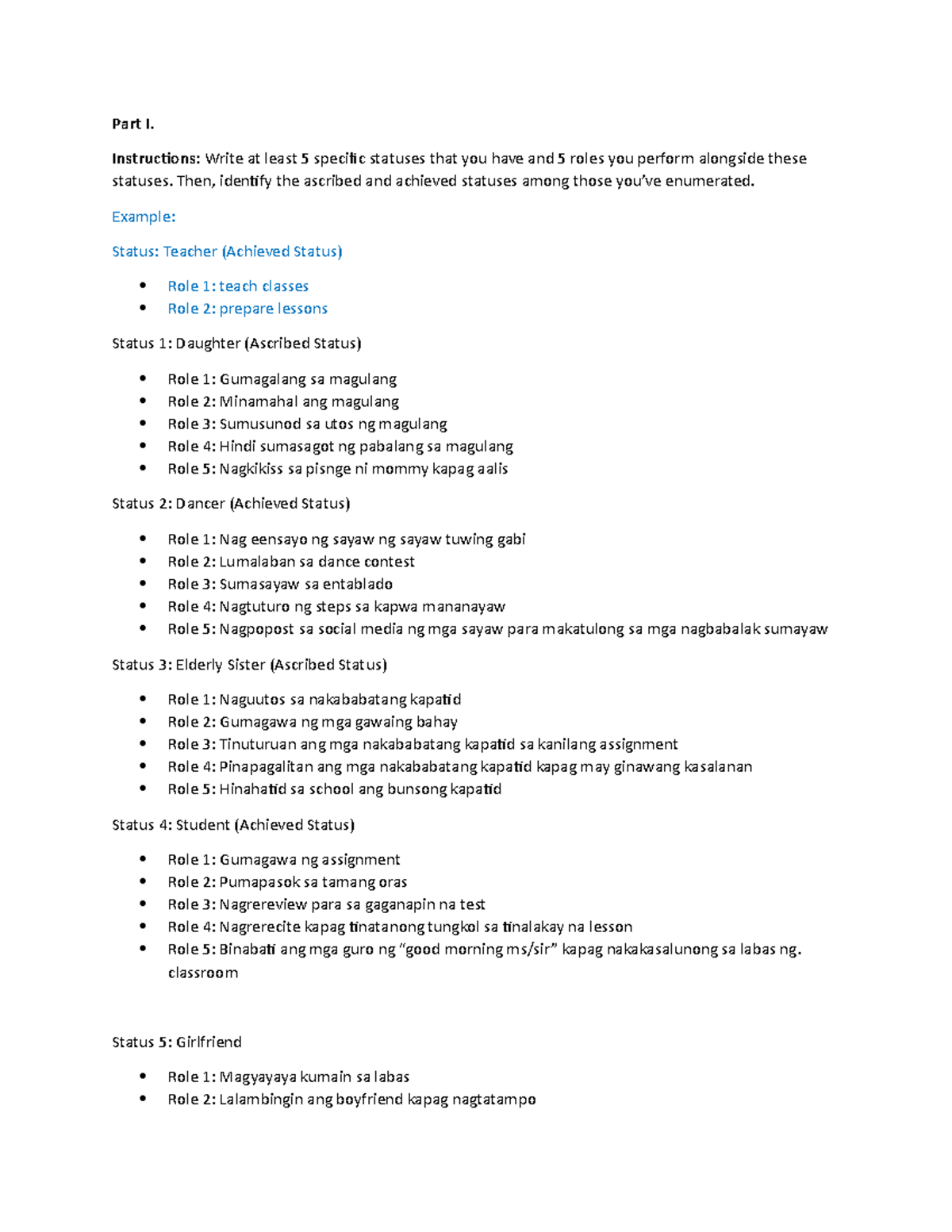 Status and Roles - UCSP - Part I. Instructions: Write at least 5 ...