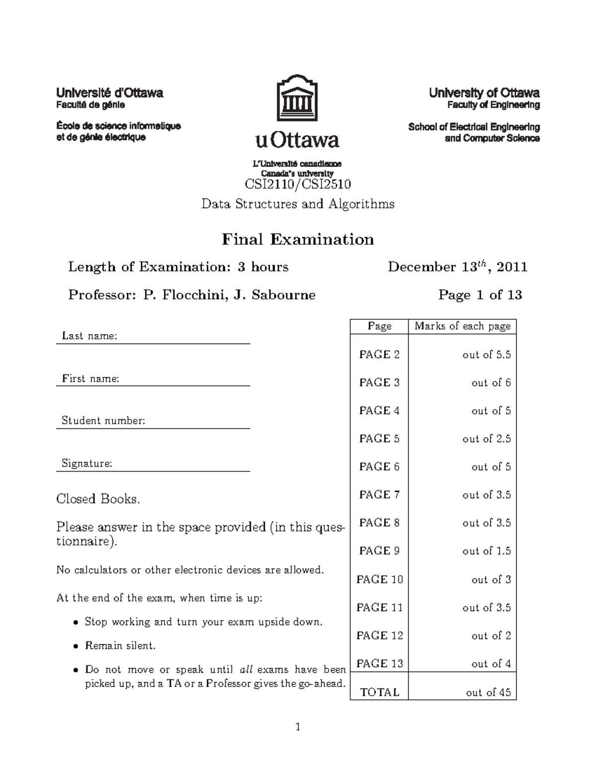 FINAL 2011 - CSI2110/CSI Data Structures and Algorithms Final Examination Length of Examination ...