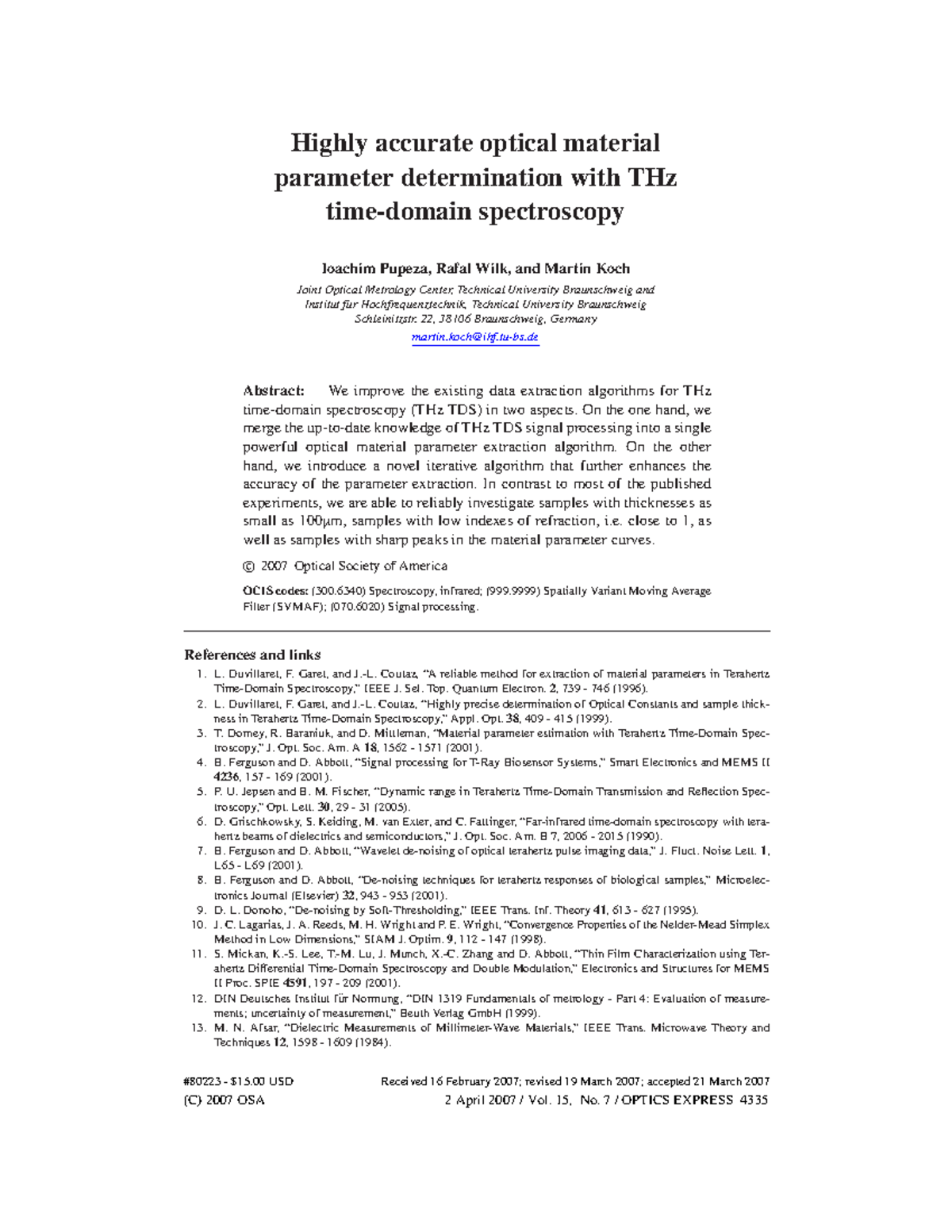 Pupeza et al. - 2007 - Highly accurate optical material parameter ...