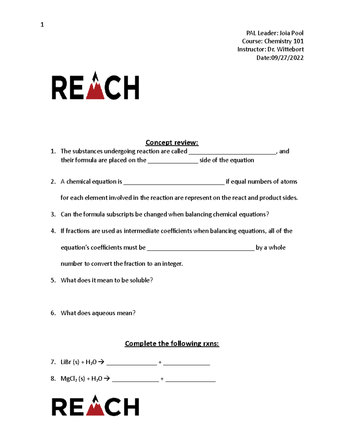 Worksheet 6 - ALL OF THEM ARE PAL SESSIONS NOTES! - Course: Chemistry ...