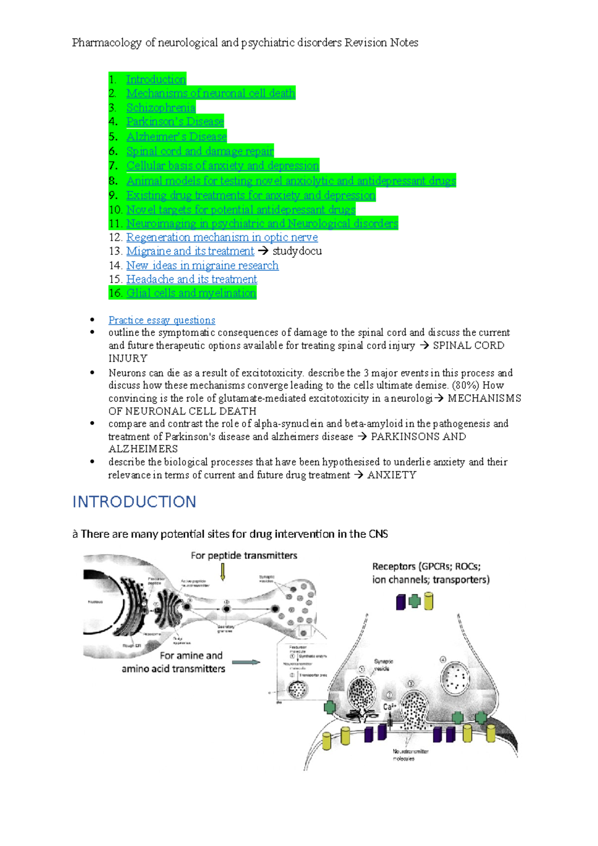 Pharmacology Revision Notes - 1. Introduction 2. Mechanisms of neuronal ...
