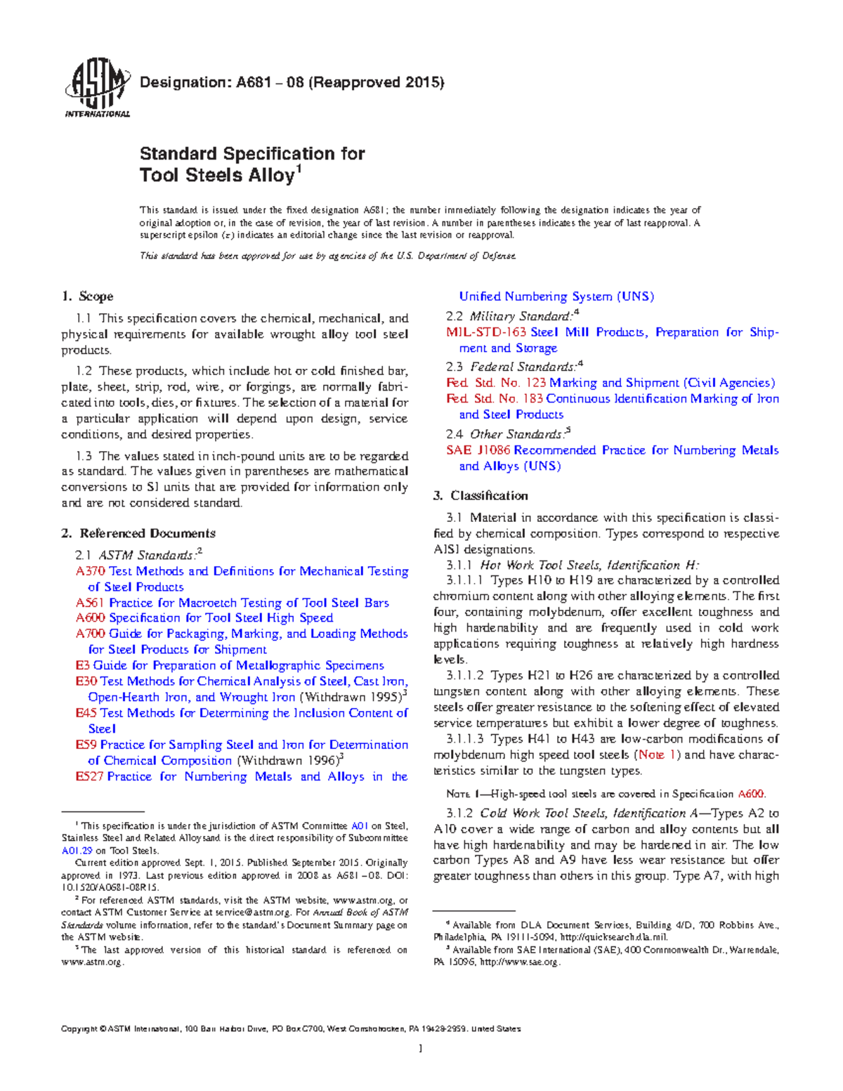 A681-08(2015 ) Standard Specification for Tool Steels Alloy ...
