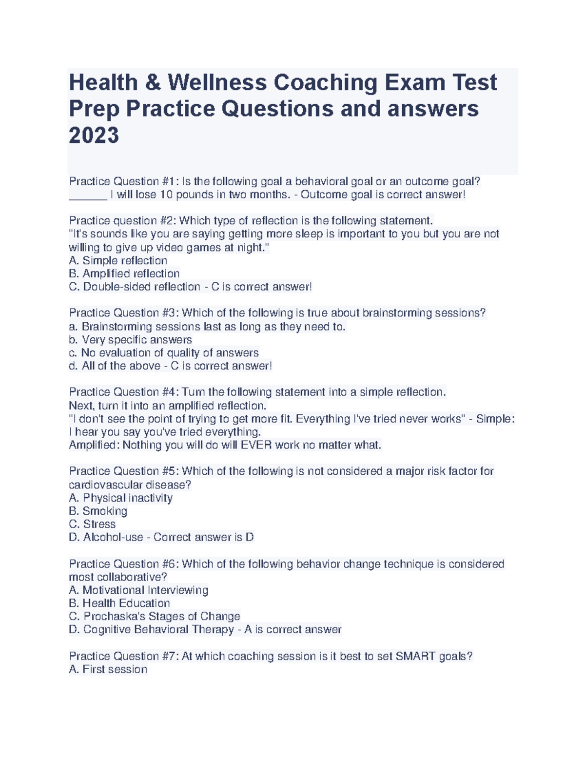 Health & Wellness Coaching Exam Test Prep Practice Questions and ...