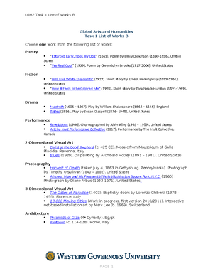 UJM2 Task 1 List A - task 1 assignment - UJM2 Task 1 List of Works A Global Arts and Humanities ...