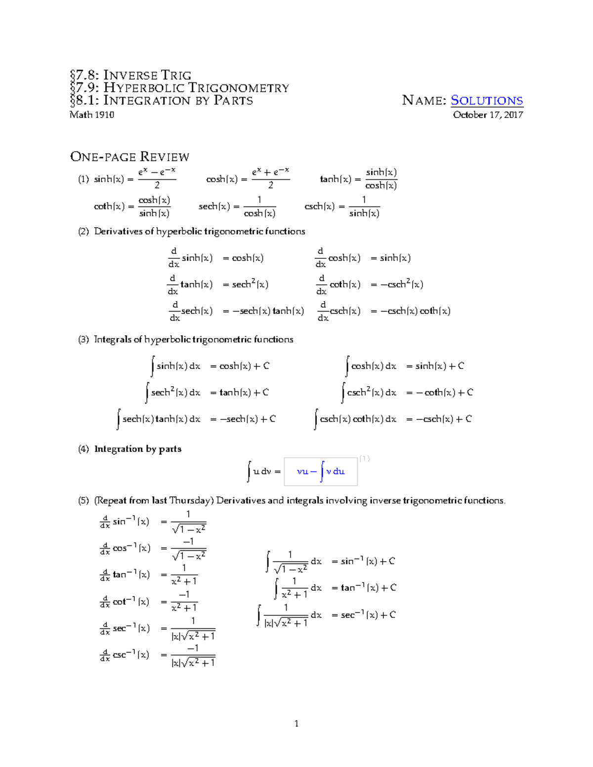 Inverse Trig Hyperbolic Trig Integration - Studocu