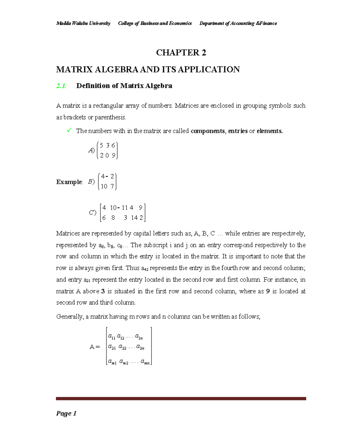 Chapter 2 - The You just good been view - CHAPTER 2 MATRIX ALGEBRA AND ...