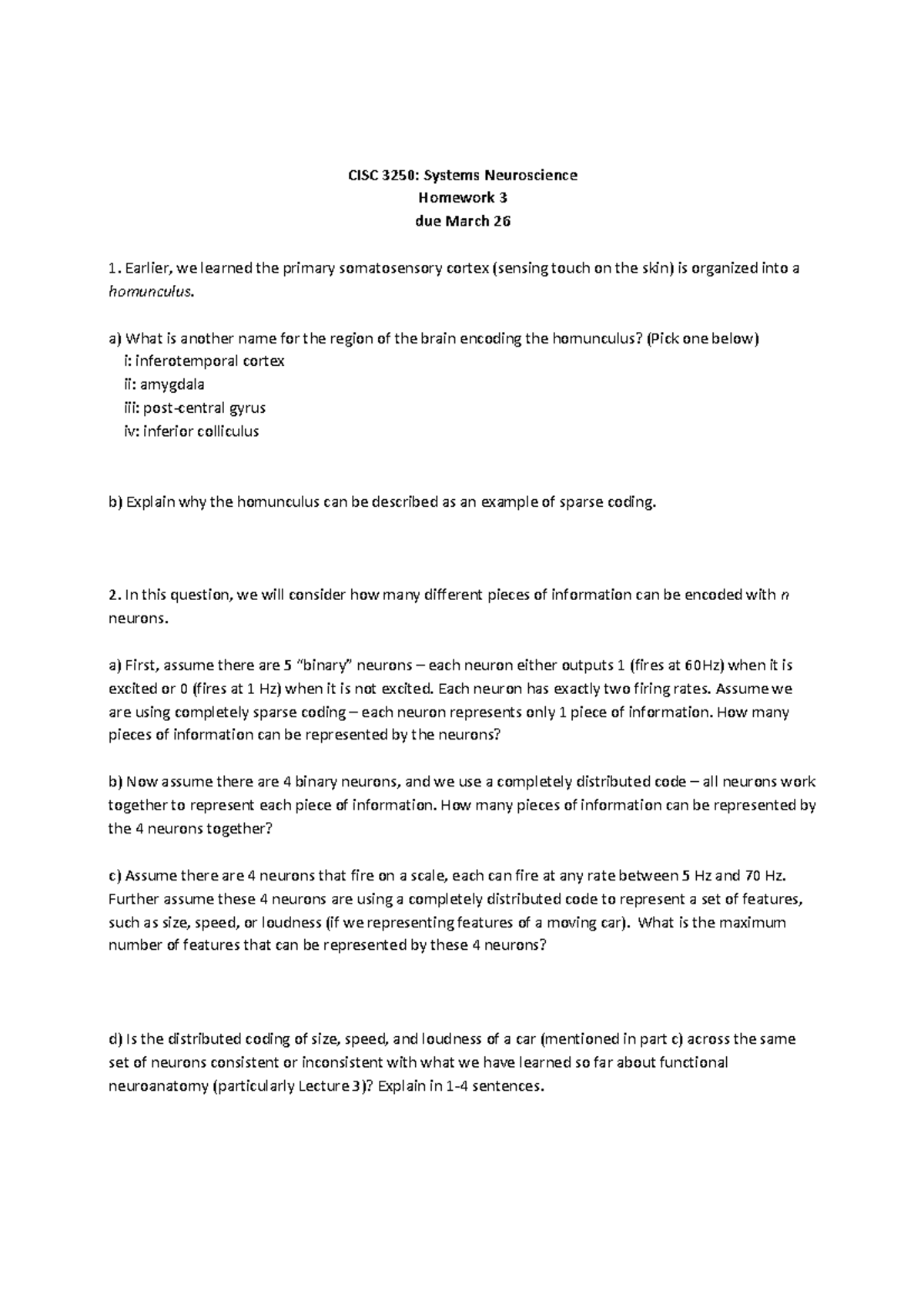 Hw3 mar22 - Homework assignment 3 - CISC 3250: Systems Neuroscience ...