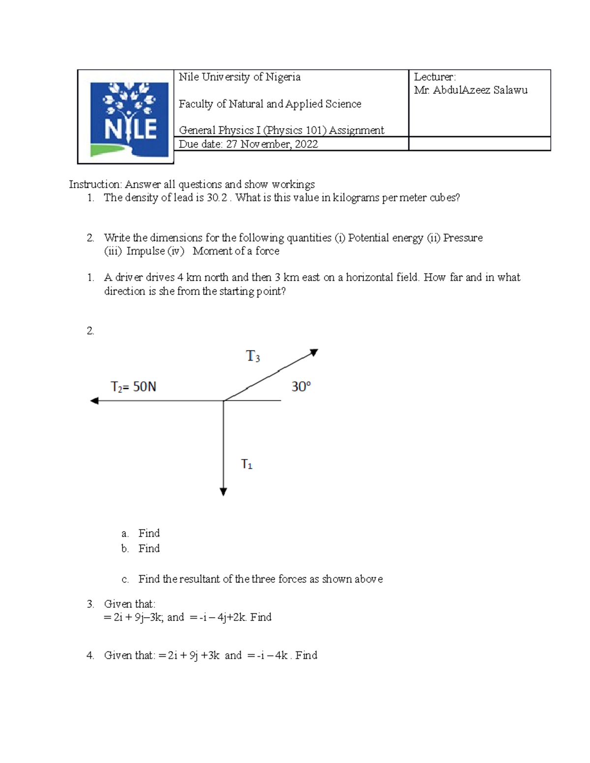 Physics practice questions - Nile University of Nigeria Faculty of ...