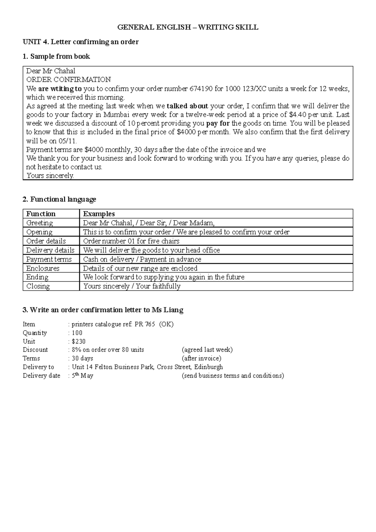 General English - Writing - GENERAL ENGLISH – WRITING SKILL UNIT 4 ...