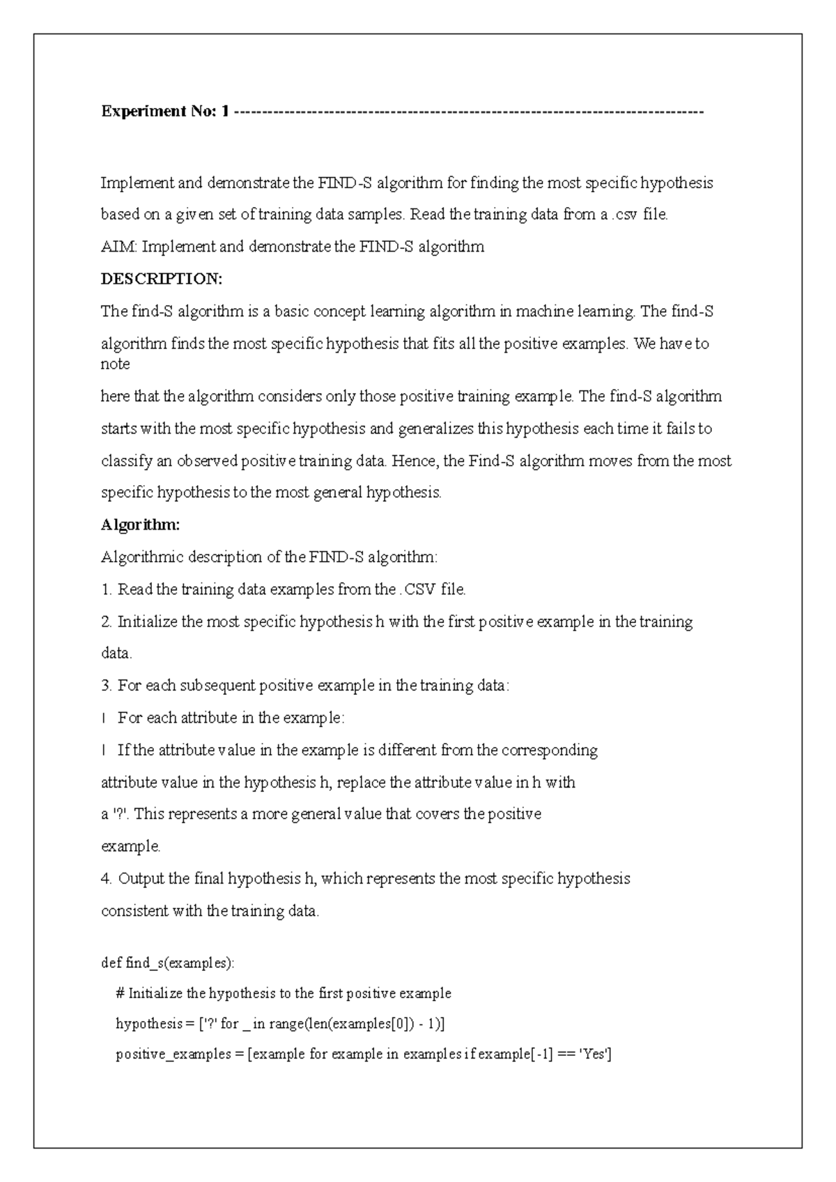 Ml E Hlik Experiment No 1 Implement And Demonstrate The Find S Algorithm For Finding The