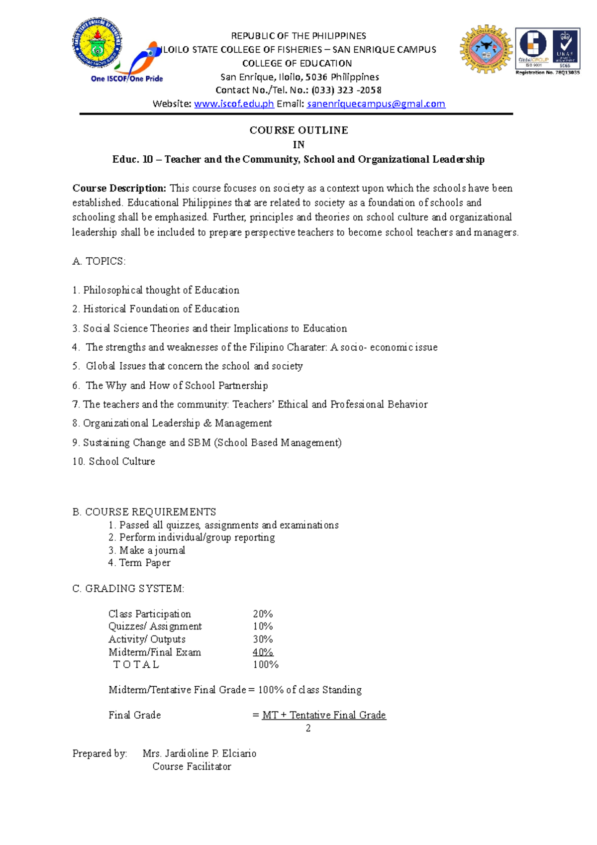 Course Outline in Educ 10 Teacher and the Community School and ...