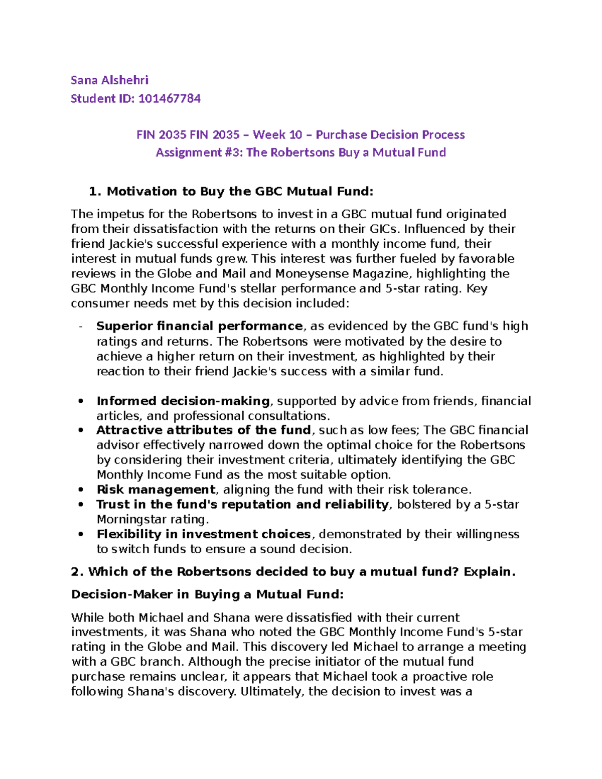 FIN - Assignment #2 - Sana Alshehri - Sana Alshehri Student ID ...