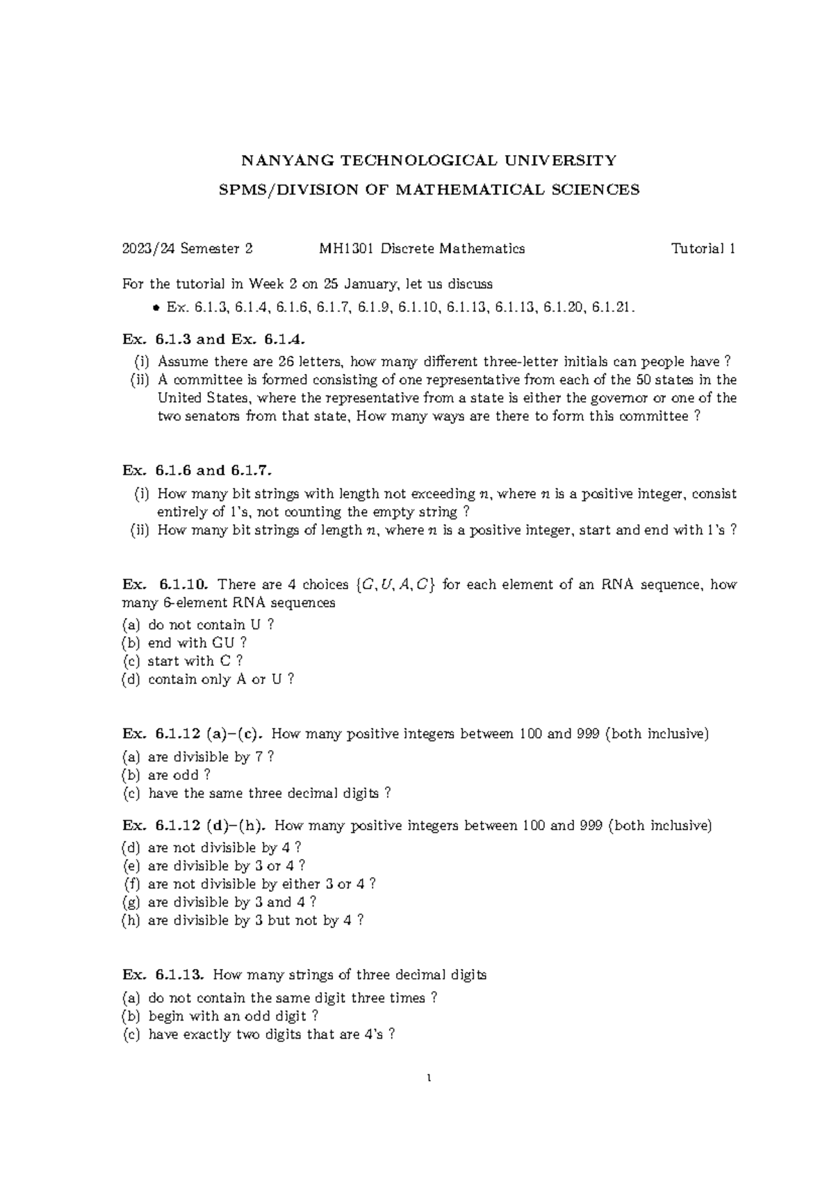 Tutorial Q-01 - qns - NANYANG TECHNOLOGICAL UNIVERSITY SPMS/DIVISION OF ...