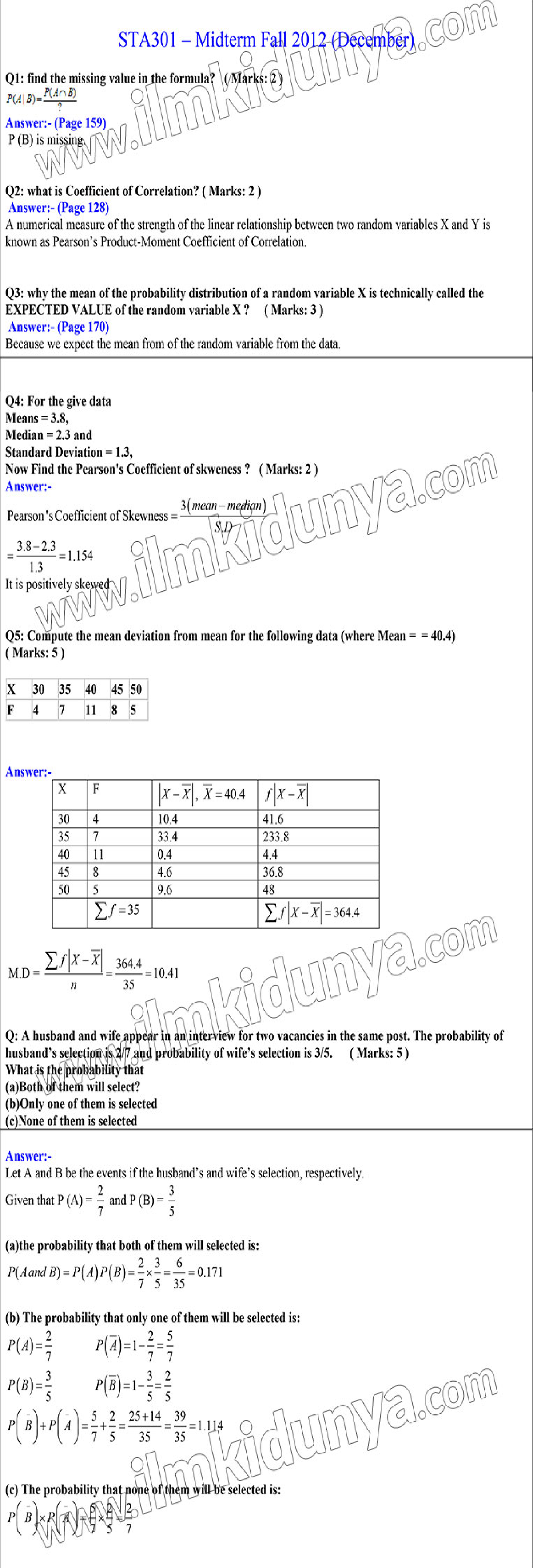 STA301 Midterm 2012 Subjective Group II - Statistics and Probability - Studocu