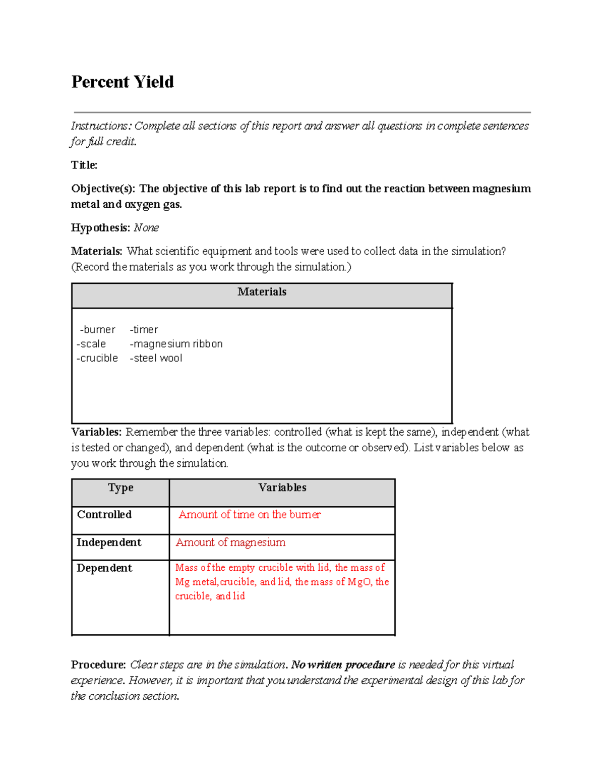 Percent Yield - Flvs - Percent Yield Instructions: Complete all ...
