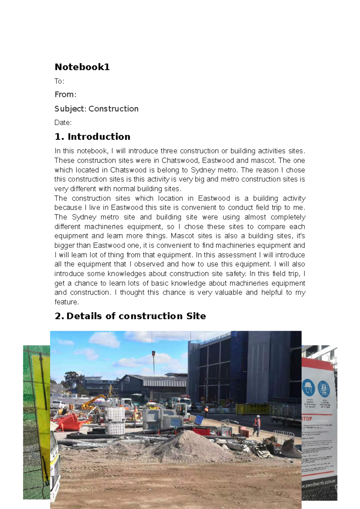 Notebook 1 - Notebook To: From: Subject: Construction Date: 1 ...