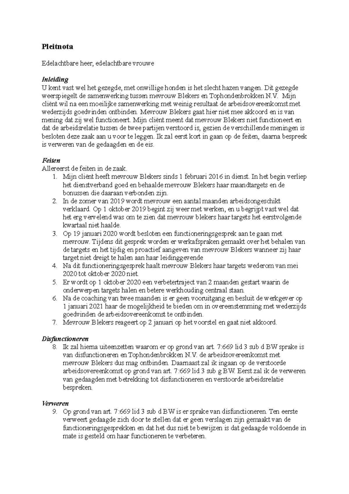 Pleitnota procesdossier arbeidsrecht - Pleitnota Edelachtbare heer ...