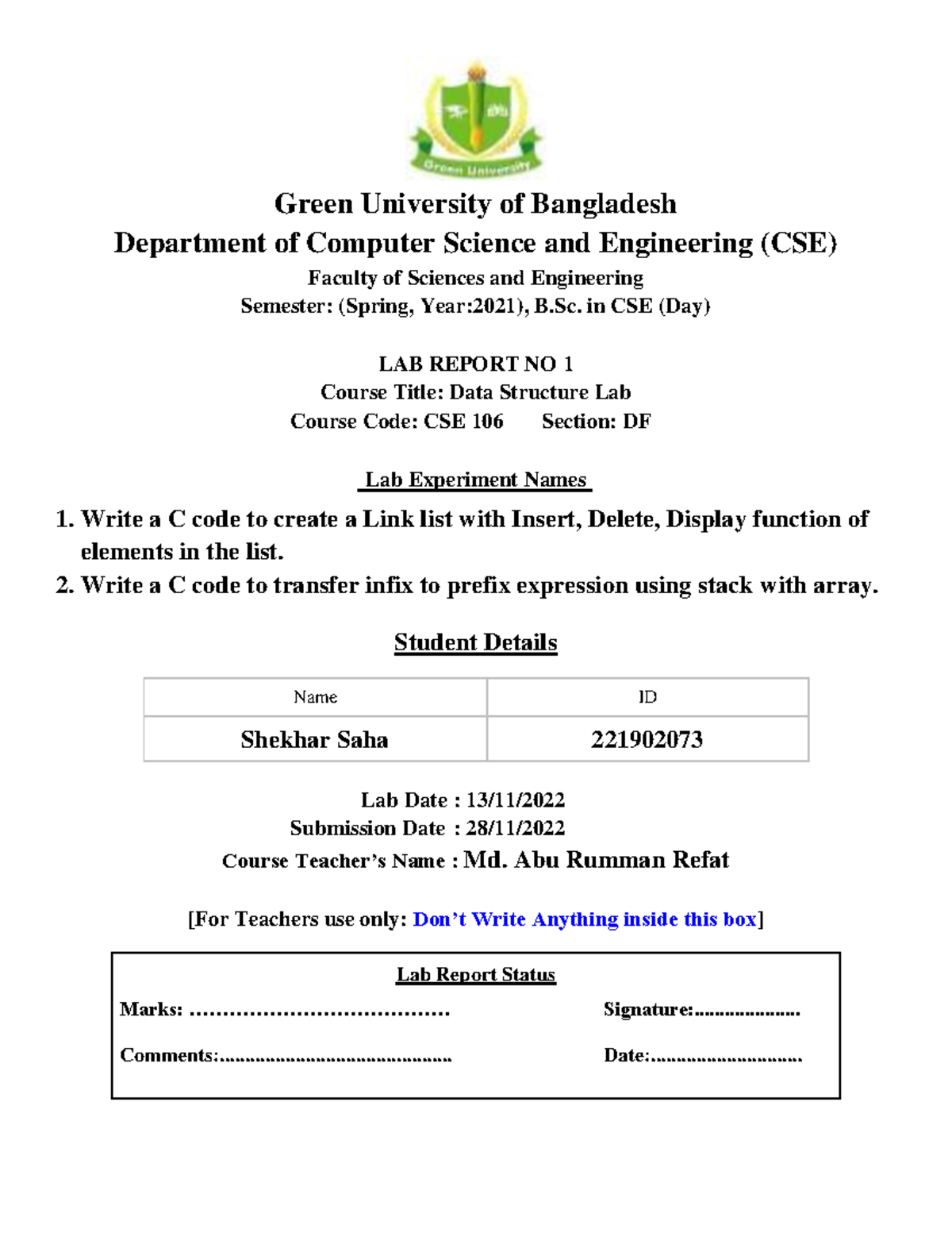 Lab Report 01 221902073 - Green University of Bangladesh Department of ...
