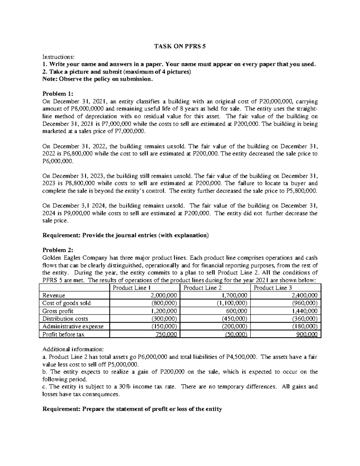 TASK ON PFRS 5 - Financial Reporting - TASK ON PFRS 5 Instructions: 1 ...