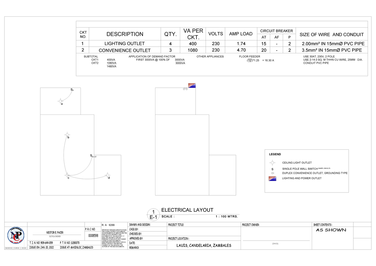 Electrical PLAN - c b a d Sa Sb,c,d CEILING LIGHT OUTLET S SINGLE POLE ...