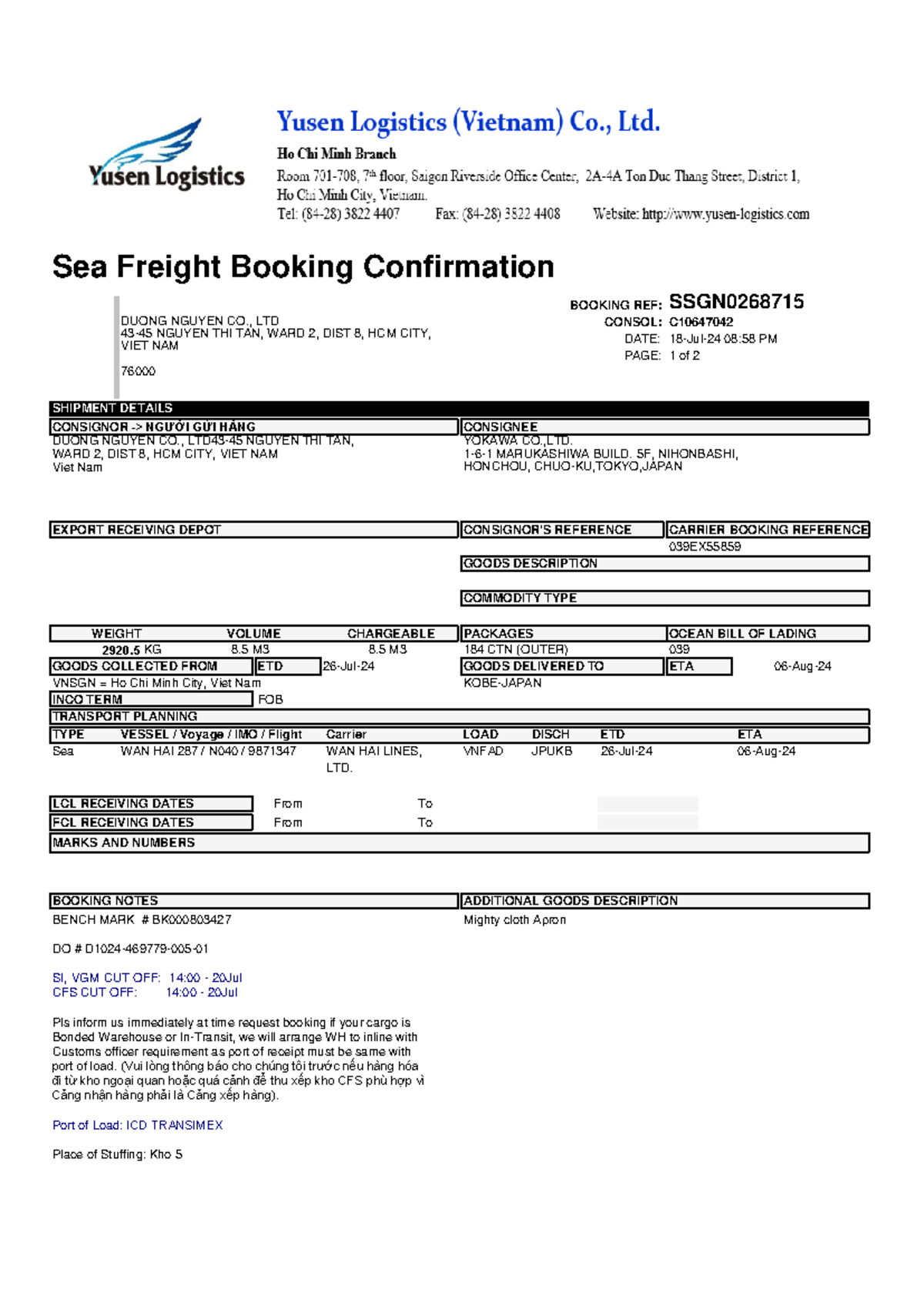Sea Freight Booking Confirmation - SSGN0268715 - Sea Freight Booking ...