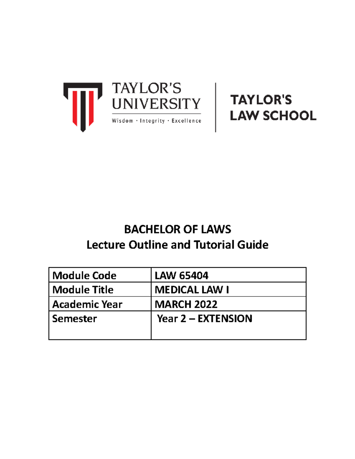 Lecture Outline and Tutorial Guide - Medical Law - March 2022 ...