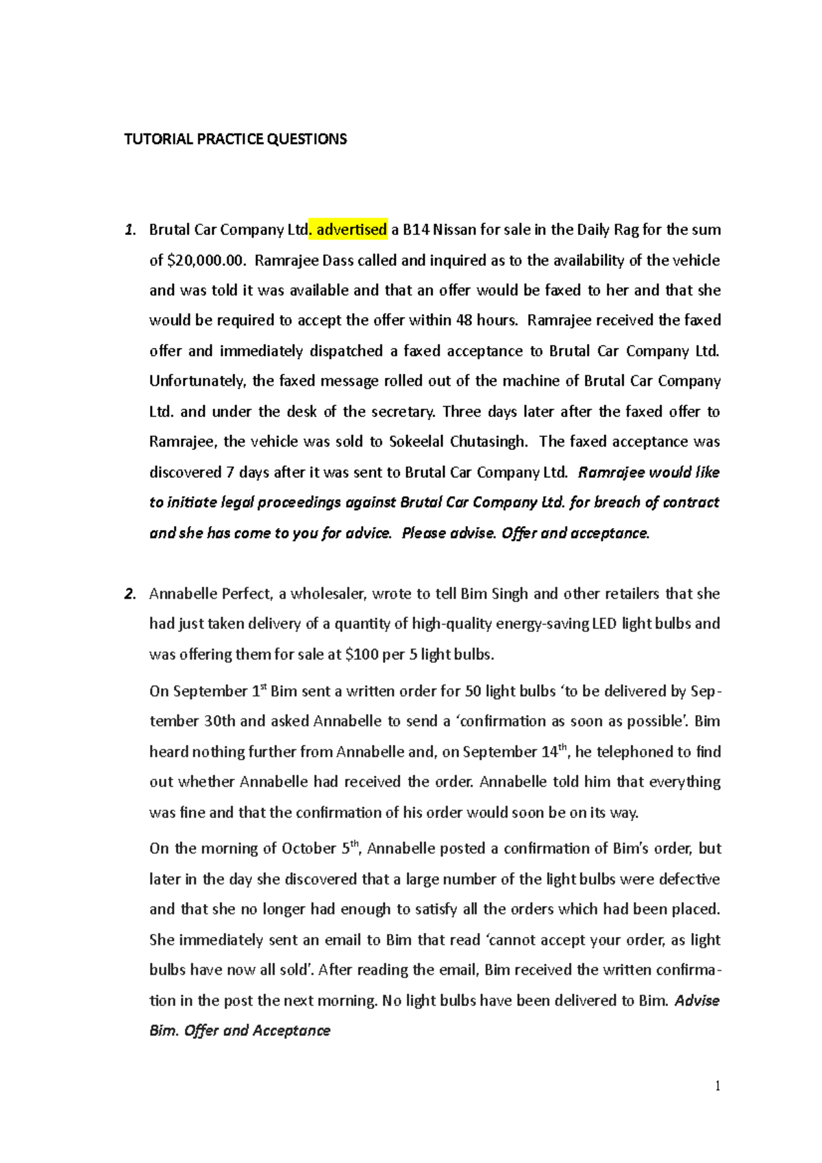 Tutorialpracticequestions Business LAW Semester II - TUTORIAL PRACTICE QUESTIONS Brutal Car ...