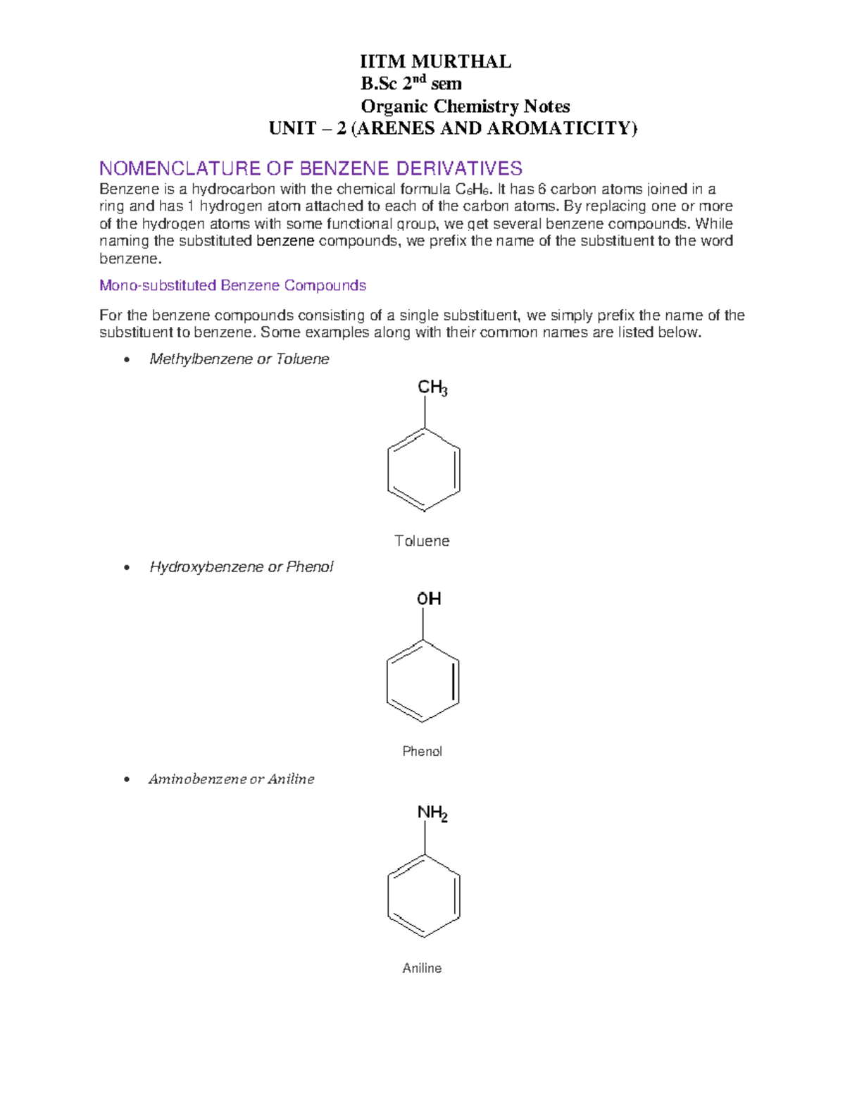 Organic Chemistry - B 2 nd sem Organic Chemistry Notes UNIT – 2 (ARENES ...