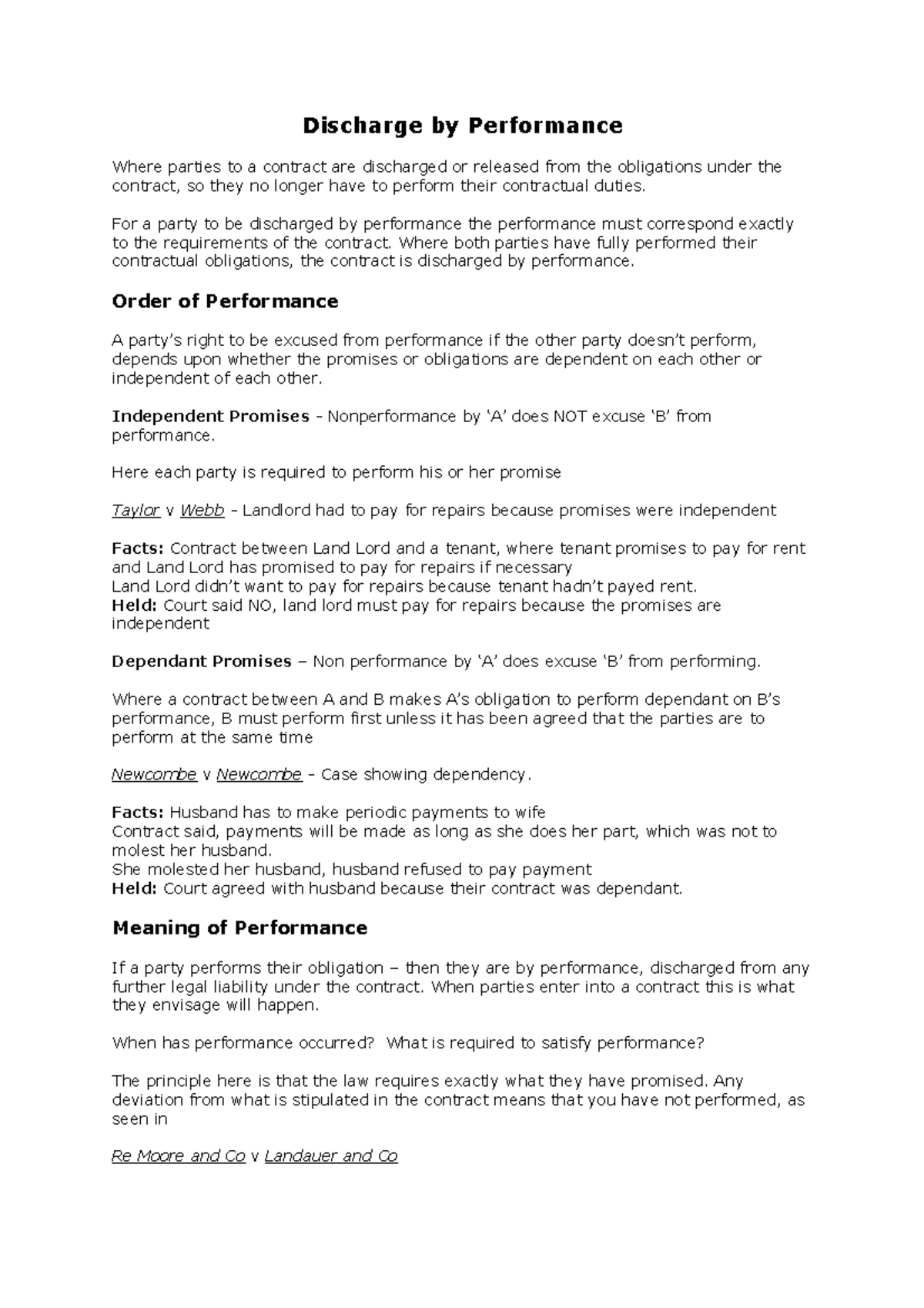 Contracts- Discharge by Performance - Discharge by Performance Where ...