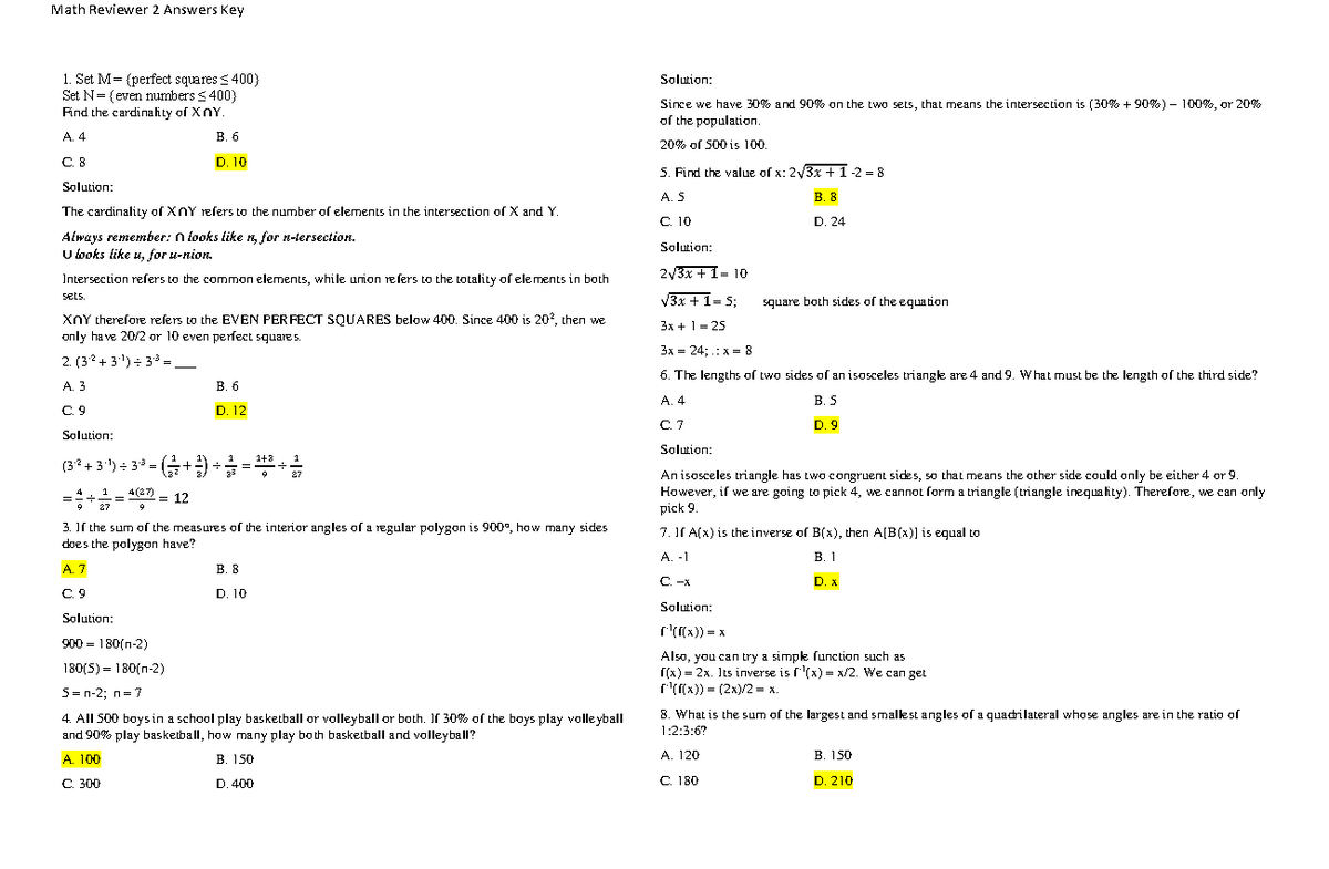 Math Reviewer Answers Key - Set M = {perfect squares ≤ 400} Set N ...
