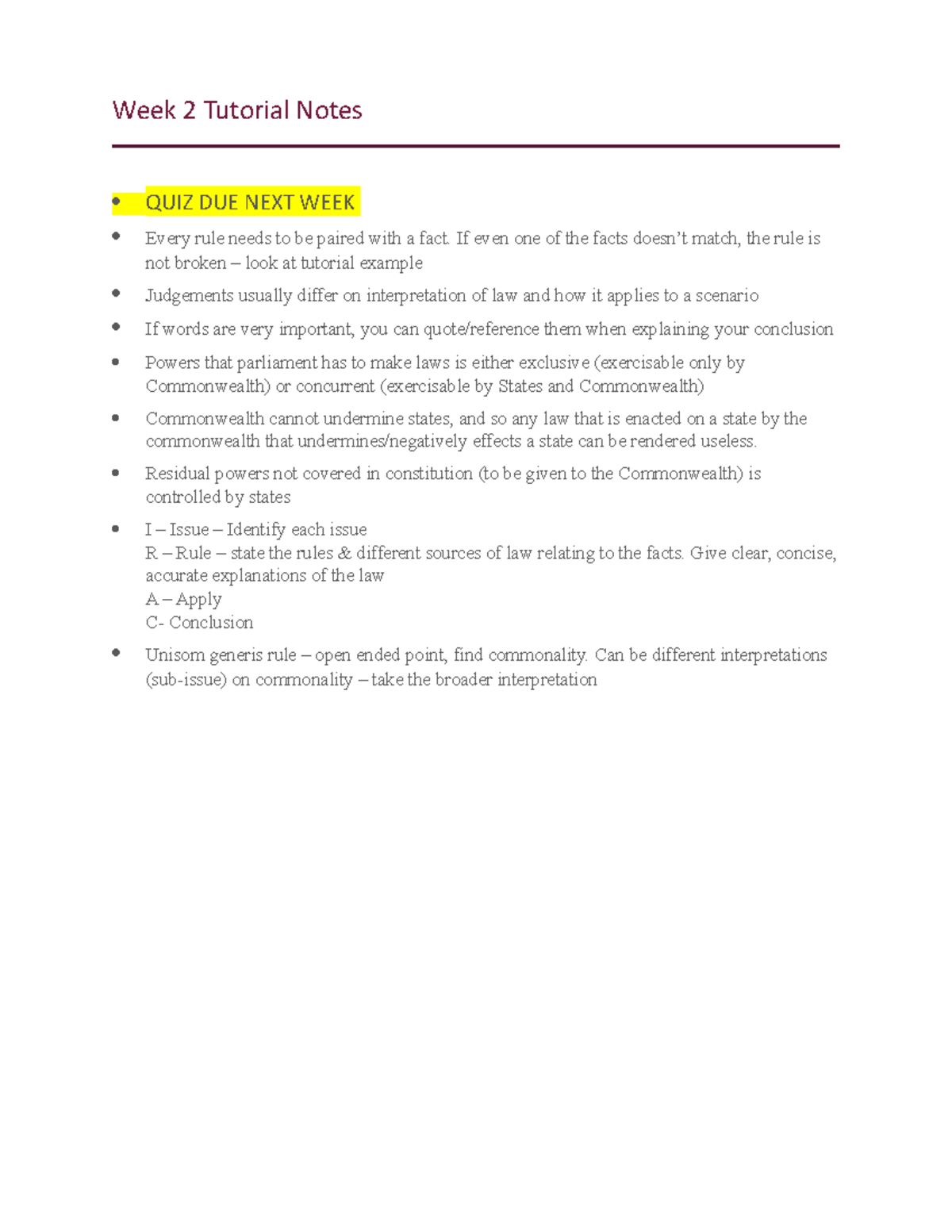 Wk 2 Tutorial Notes - Week 2 Tutorial Notes QUIZ DUE NEXT WEEK Every ...