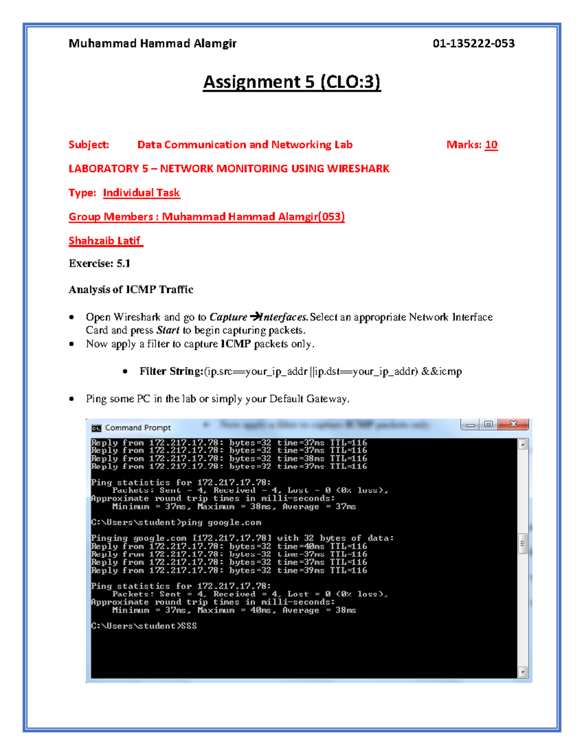 Laboratory-5 - lab work - Assignment 5 (CLO: 3 ) Subject: Data Communication and Networking Lab ...