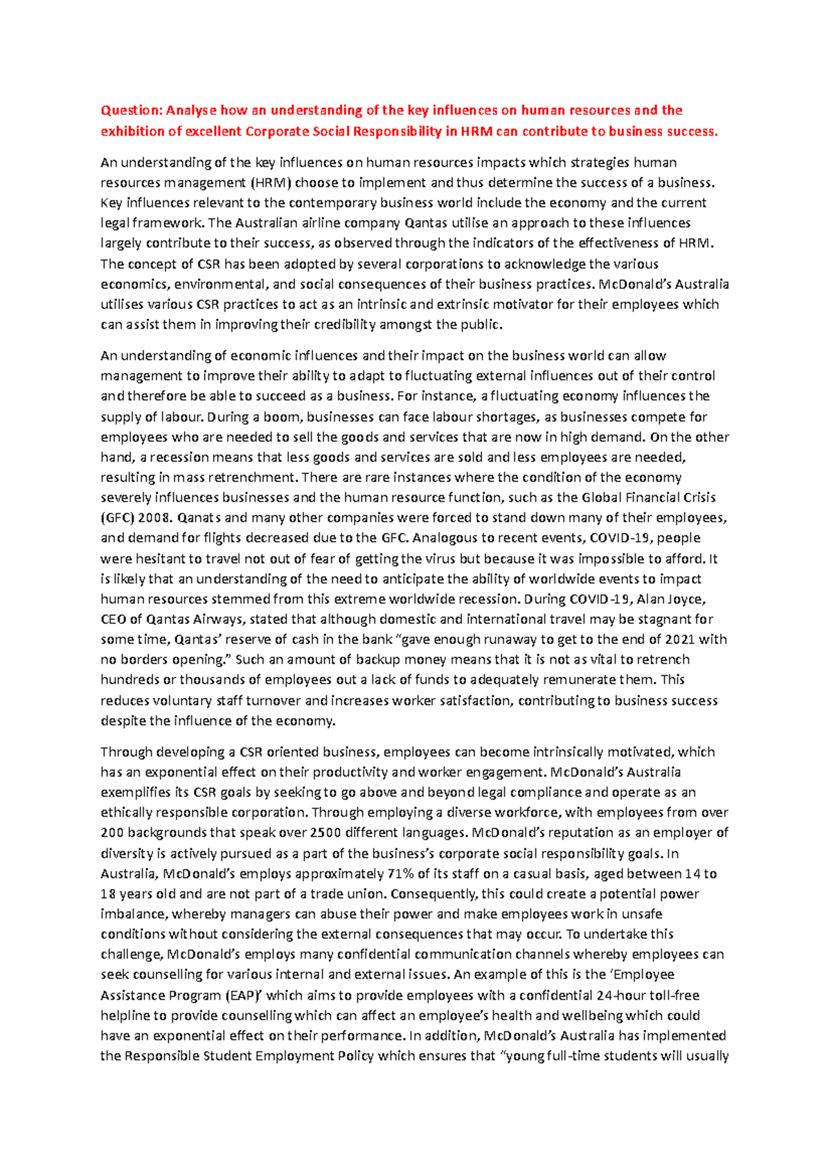 Human Resources Essay - Question: Analyse how an understanding of the ...