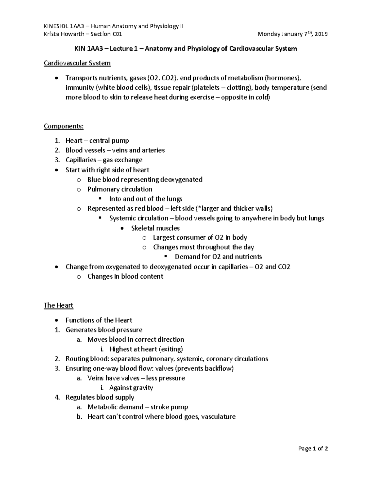 KIN 1AA3 - Lecture 1 - Dr. Krista Howarth - KINESIOL 1AA3 – Human ...
