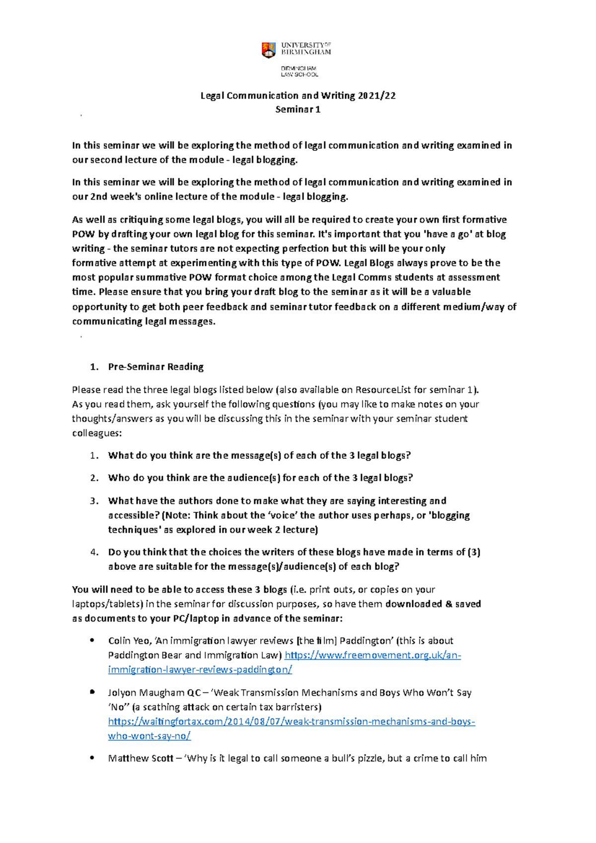 Legal Comms 2021 Seminar 1 Instructions - Legal Communication and ...