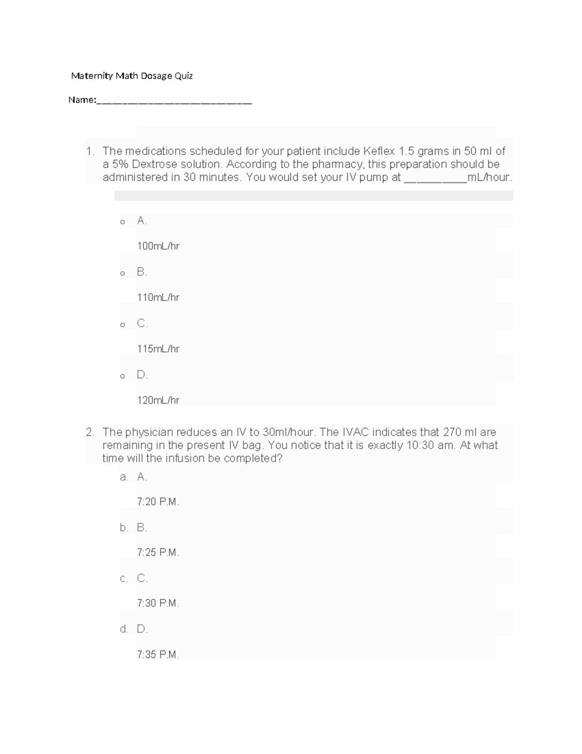 Maternity Math Dosage Quiz - Maternity Math Dosage Quiz Name