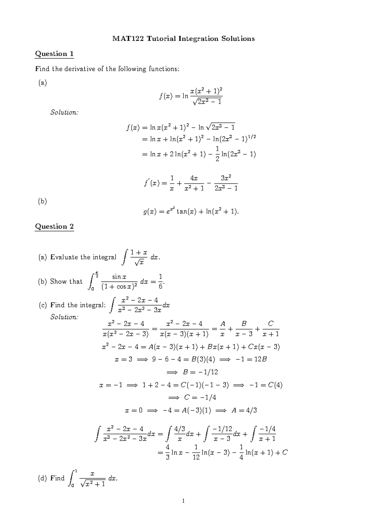 Tutorial integration Solutions - MAT122 Tutorial Integration Solutions ...