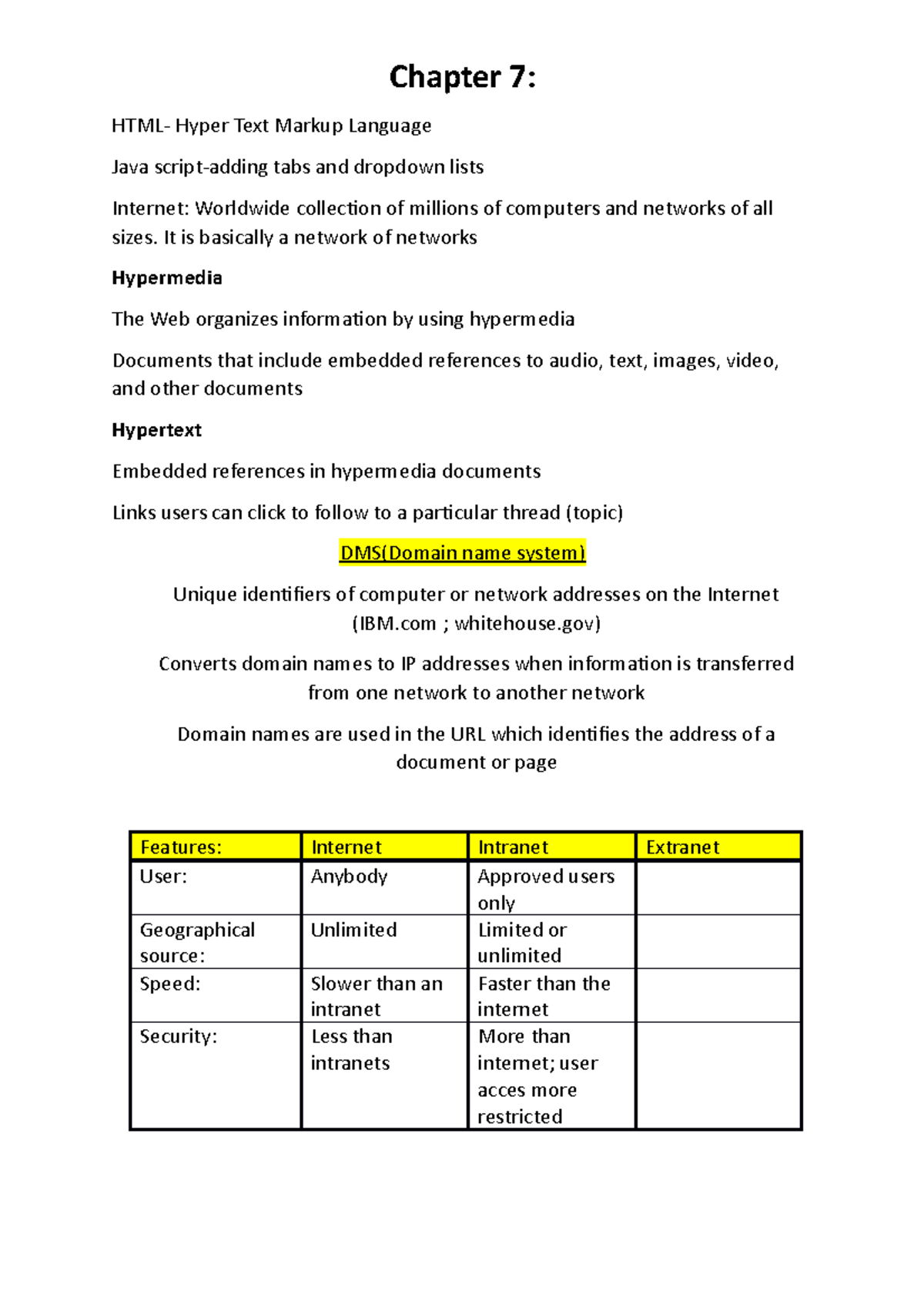 Chapter 7 - Chapter 7: HTML- Hyper Text Markup Language Java script ...