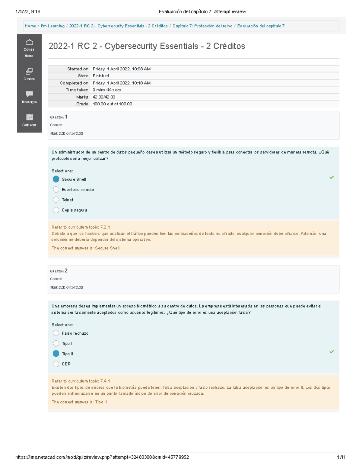 Evaluación del capítulo 7 Attempt review - Home/ I'm Learning/ 2022-1 ...