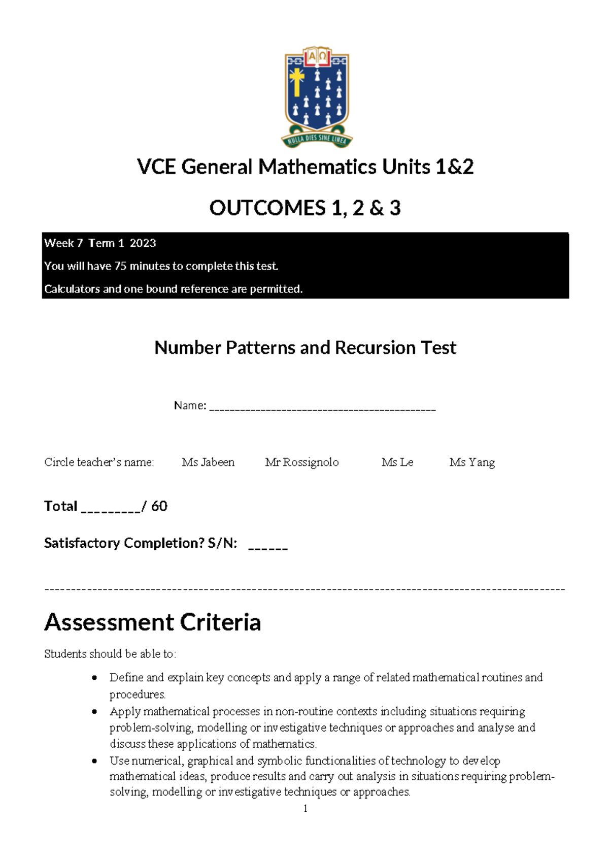 2023 stleonards number patterns - VCE General Mathematics Units 1 ...