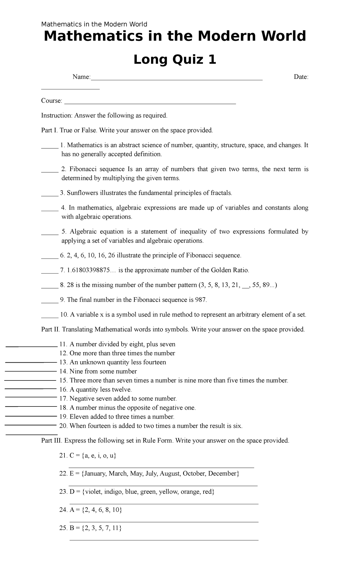 GEC 4 Long Quiz 1 - Long Quiz - Mathematics in the Modern World ...