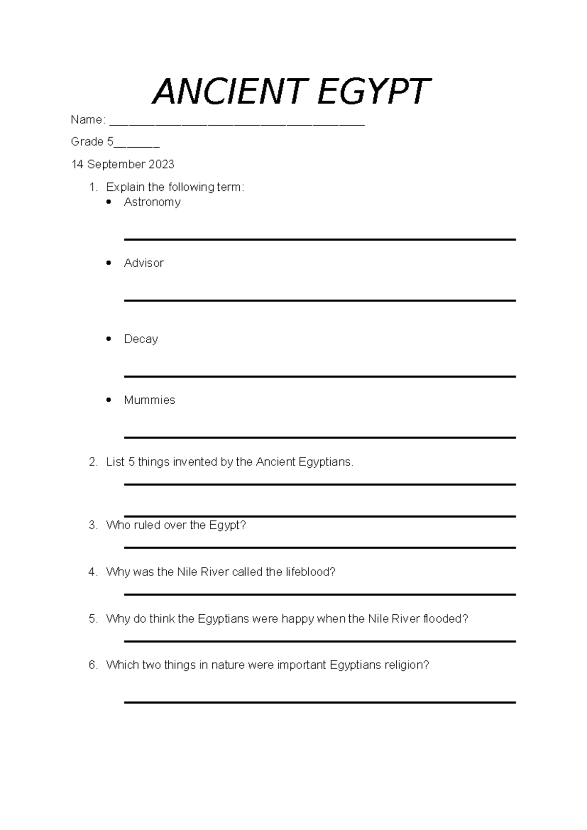 Ancint egypt worksheet - TISS5111 - ANCIENT EGYPT Name