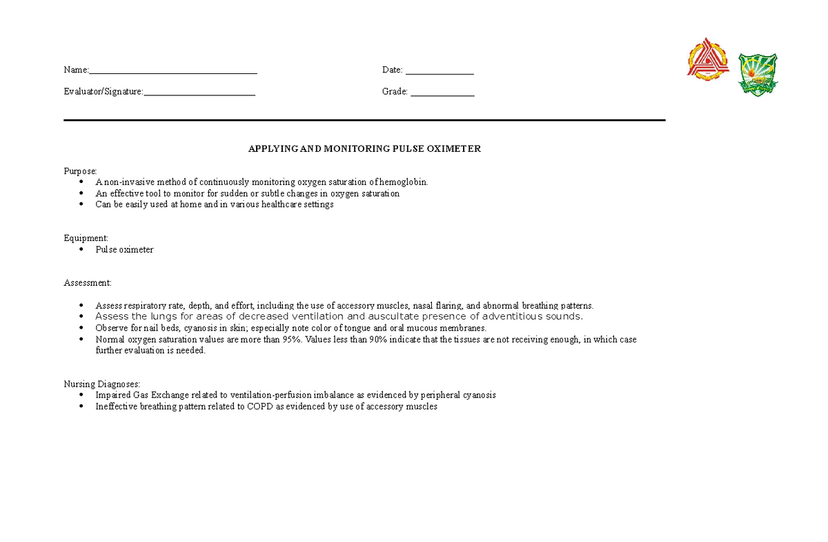 Applying And Monitoring Pulse Oximeter Name Date applying-and-monitoring-pulse-oximeter-name-date