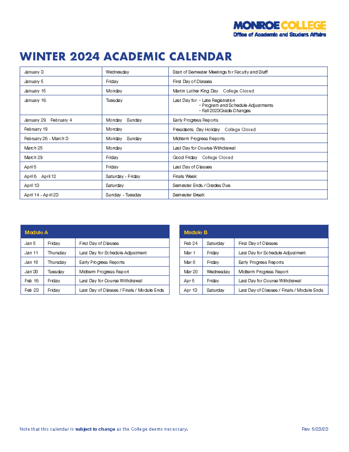 Winter 2024Calendar 052323 - January 3 Wednesday Start of Semester ...