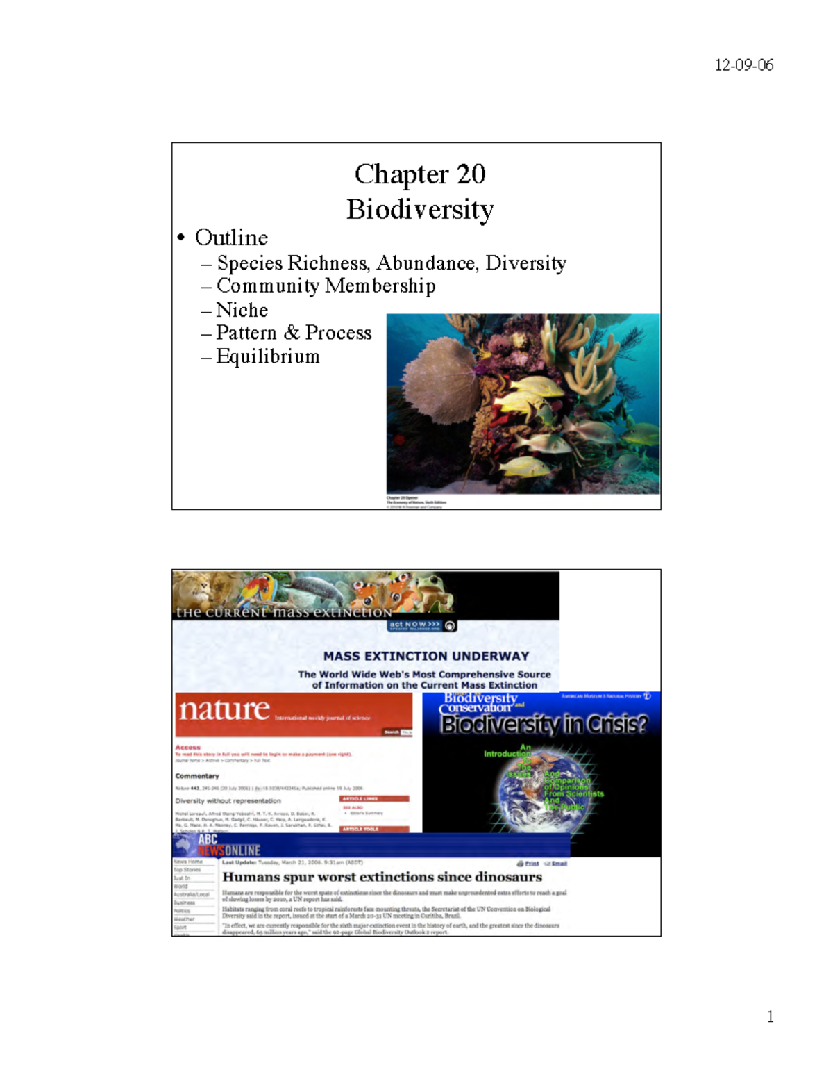 Lecture 19-Biodiversity R - Chapter 20" Biodiversity! Outline! Species ...