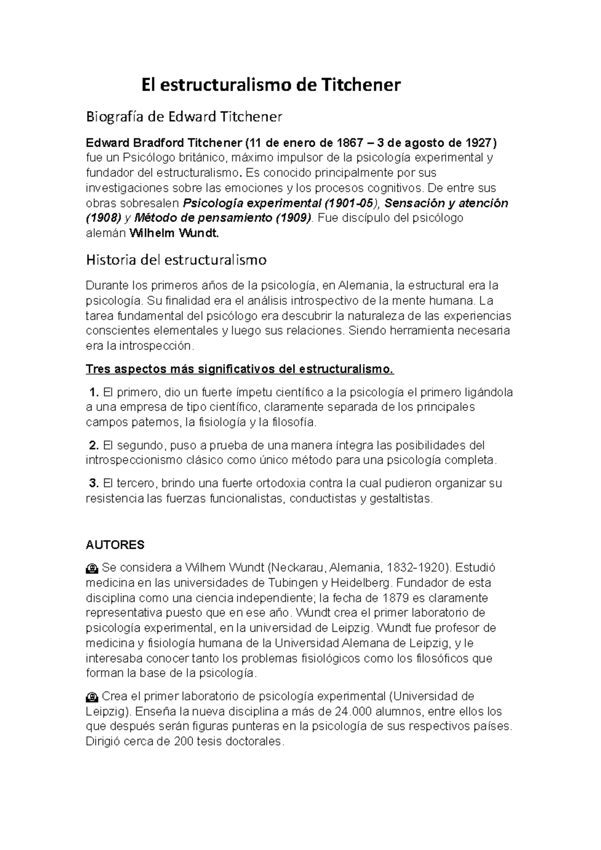 El estructuralismo de Titchener y funcionalismo de James - El ...