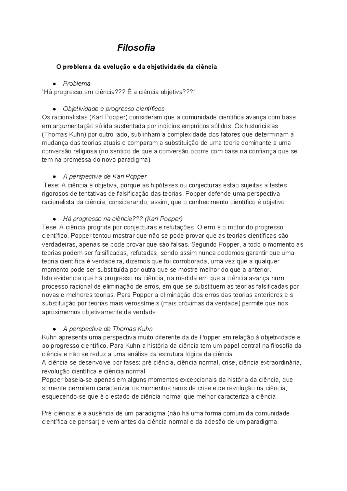 Resumo de Filosofia 11°ano (Problema da evolução e da objetividade da ...