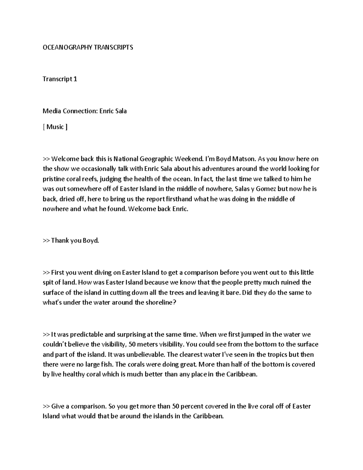 Ocean - Geoff Harkness - OCEANOGRAPHY TRANSCRIPTS Transcript 1 Media ...